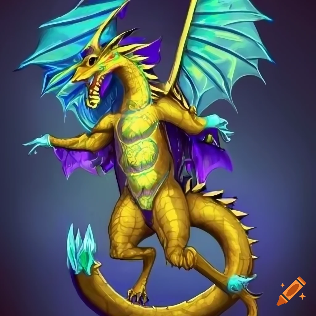 Anthro golden dragon with spikes and cyan wings on Craiyon