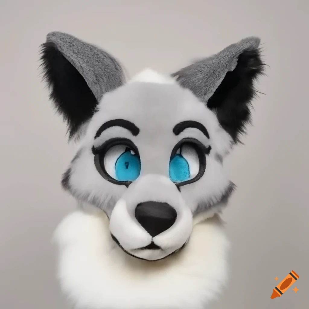 Sleepy light grey and white cat fursuit head, side view