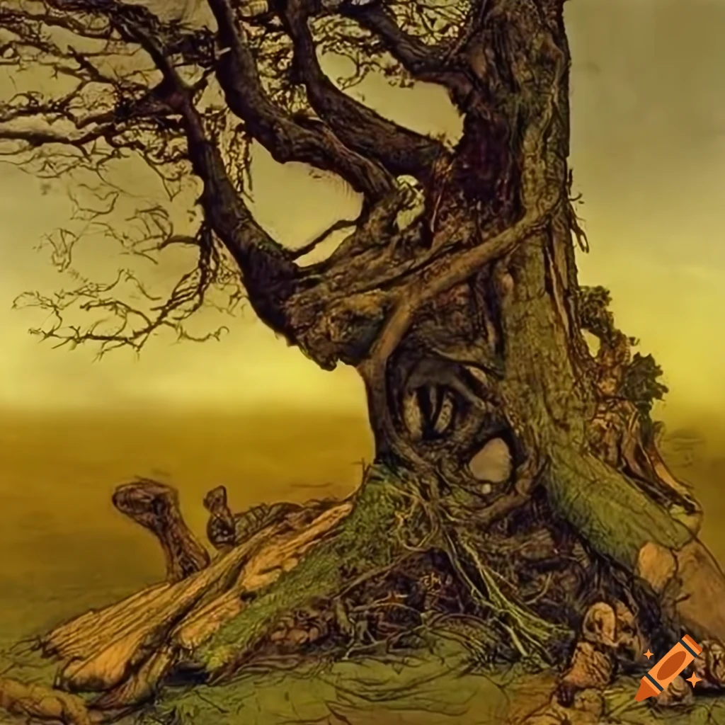 Dandelion trees. Field flowers. Totemic imagery on tree trunks and moss ...