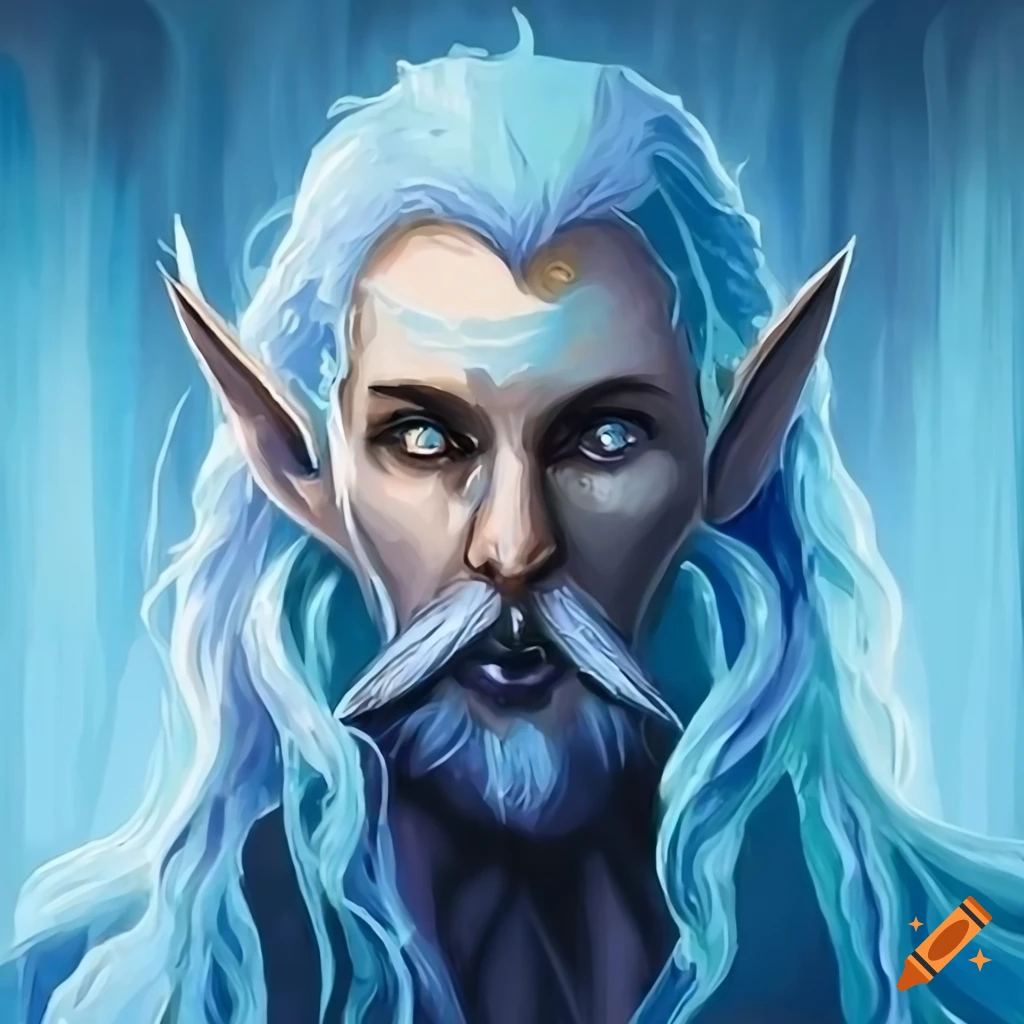 Elf frost mage with a beard wearing a robe and wielding a staff on Craiyon