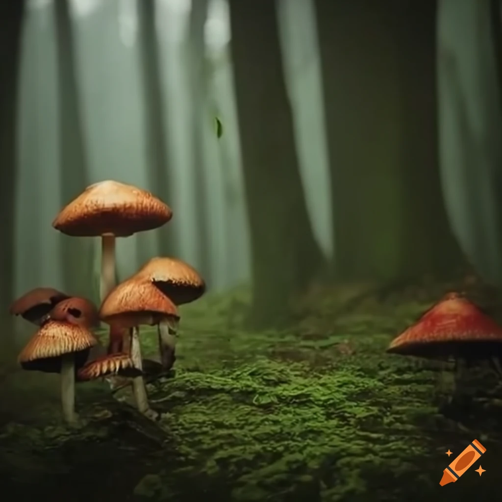 Scary woods with mushrooms