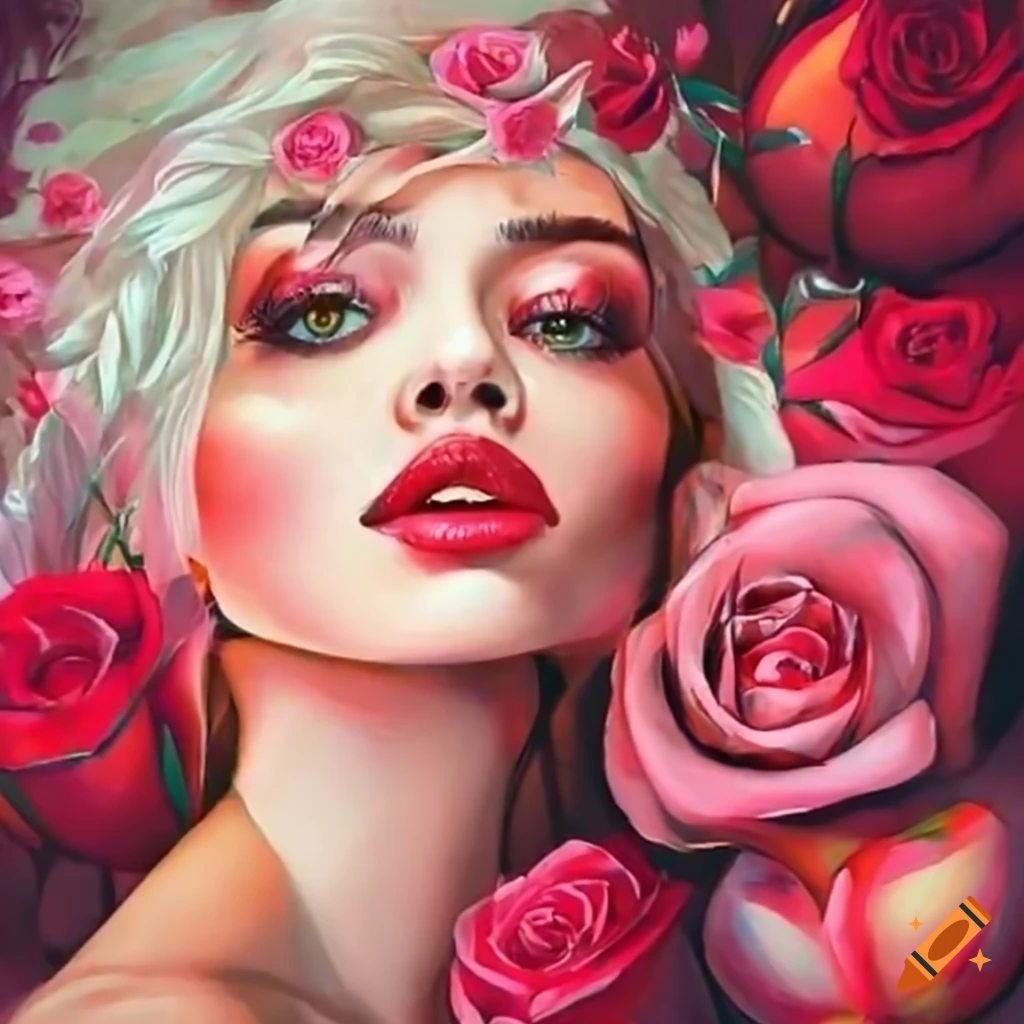 A stunning nice woman surrounded by vibrant roses on Craiyon