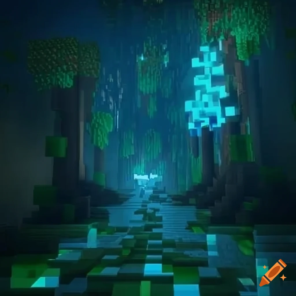 A fantastical Minecraft forest with glowing foliage and towering trees ...