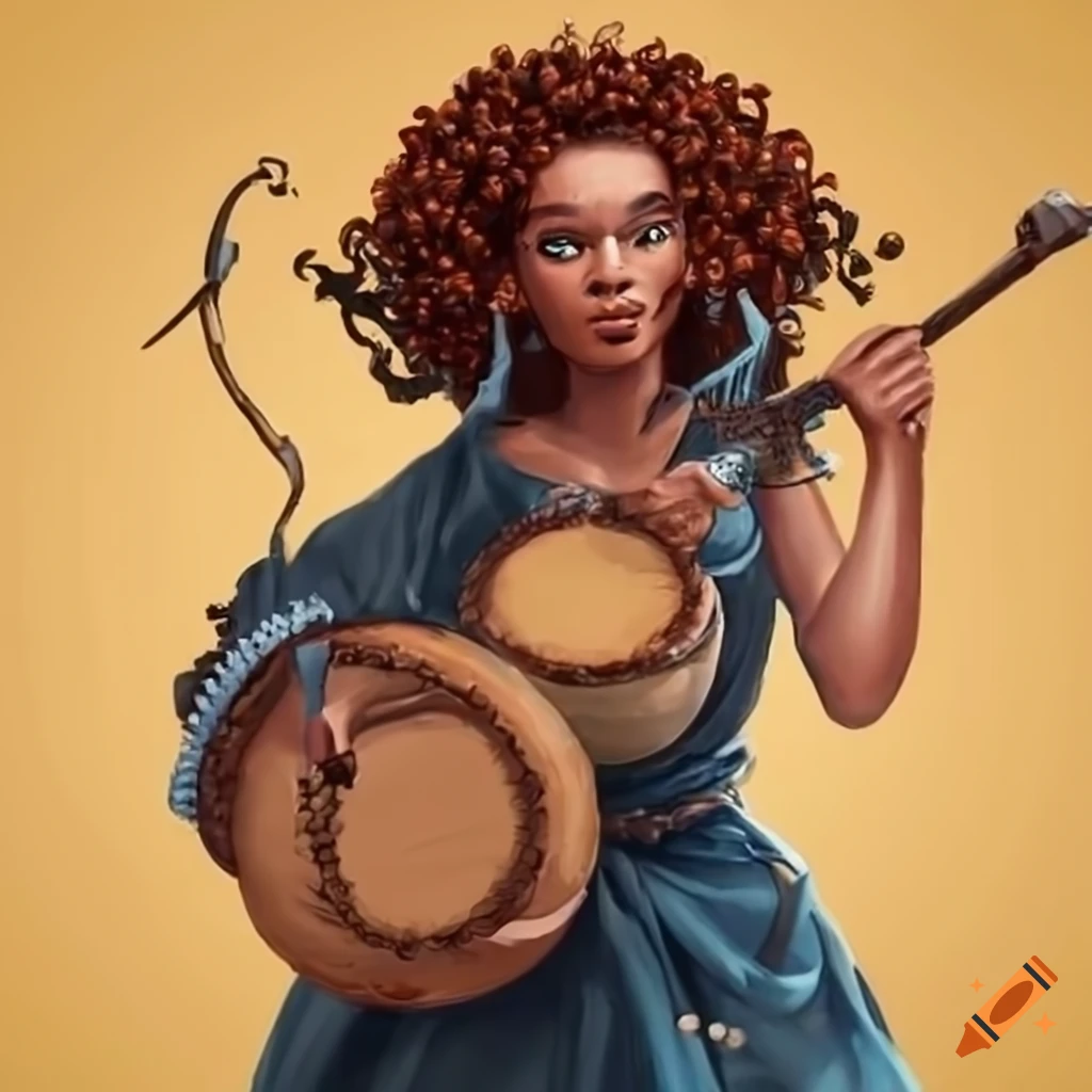Nigerian elven bard with curly hair rocking playing african drums on ...