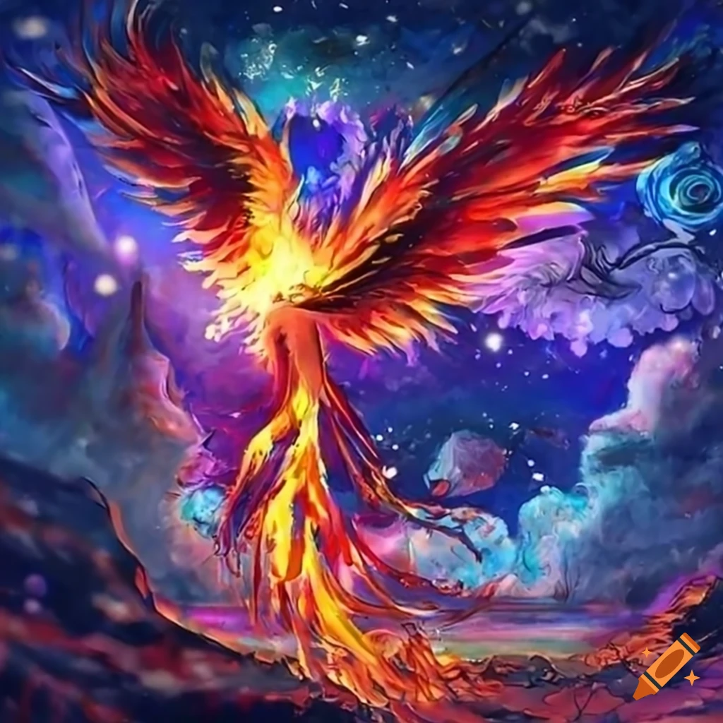Beautiful phoenix burning in the starry night on Craiyon
