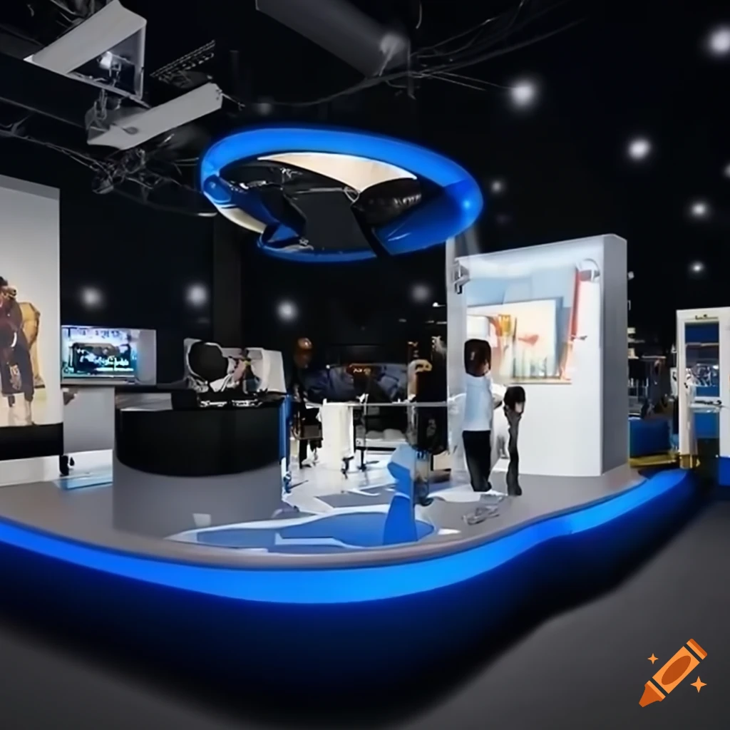 Vdl booth at an exposition with vr experience. colors should be blue ...