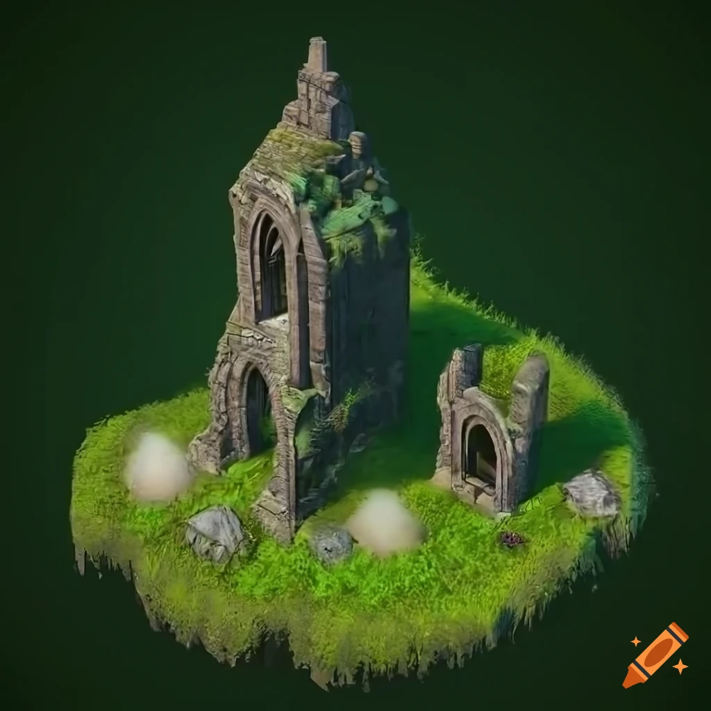 A moss-covered stone ruins in a fantasy RPG game forest fantasy grass ...