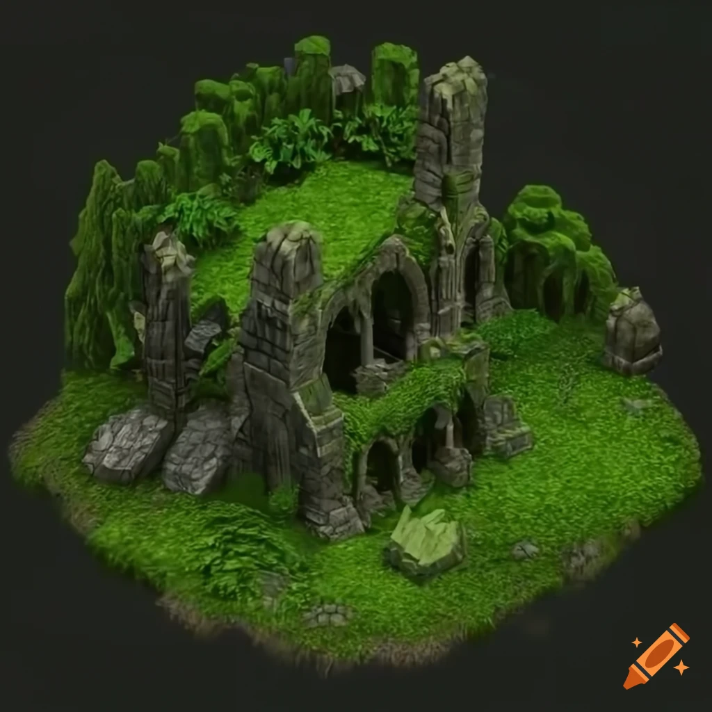 A moss-covered stone ruins in a fantasy RPG game forest fantasy grass texture isometric view ...