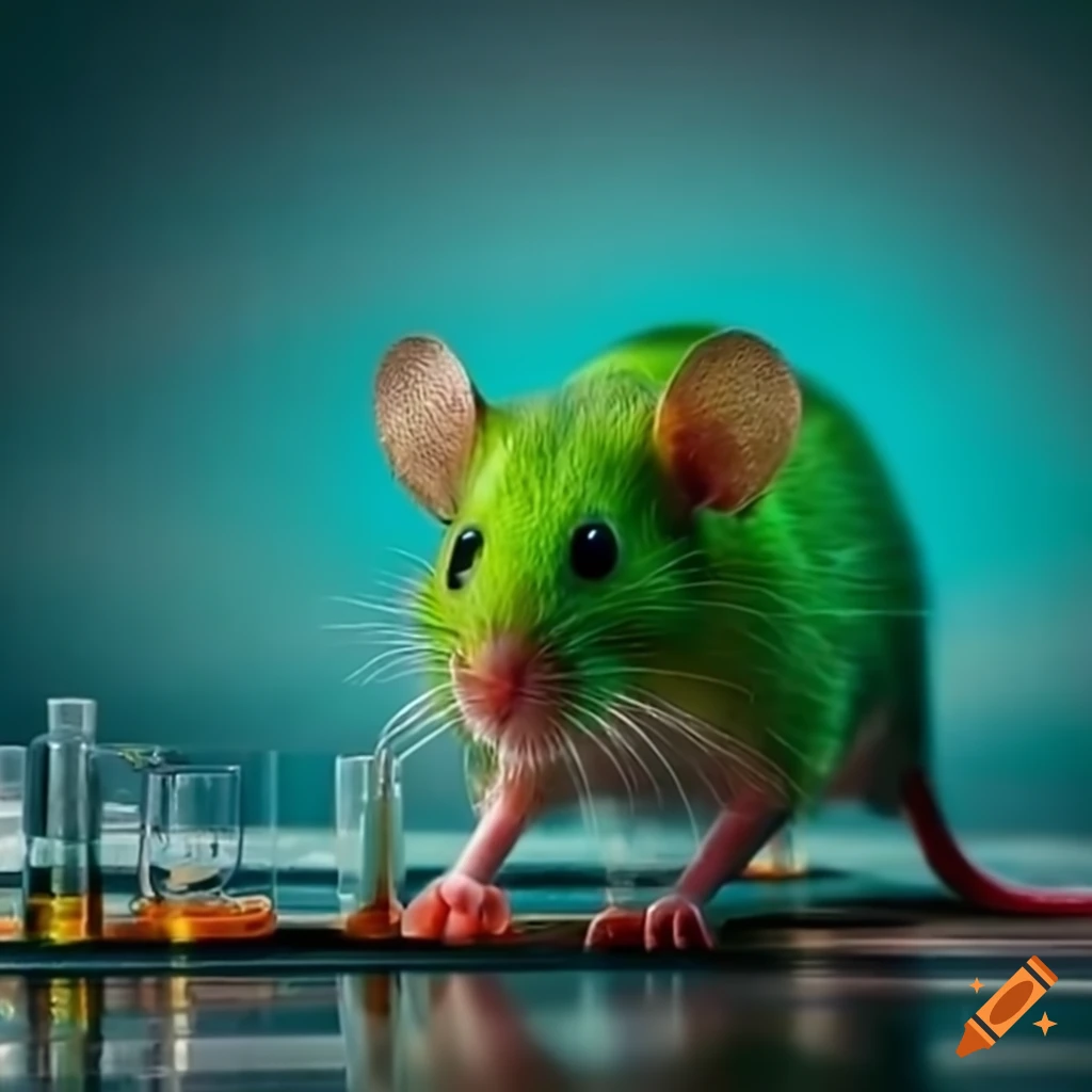 Playful green mouse exploring a chemistry lab on Craiyon