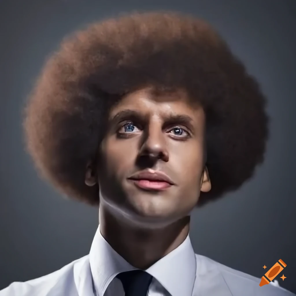 Emmanuel Macron with black skin with an afro hair who is wearing a tee ...
