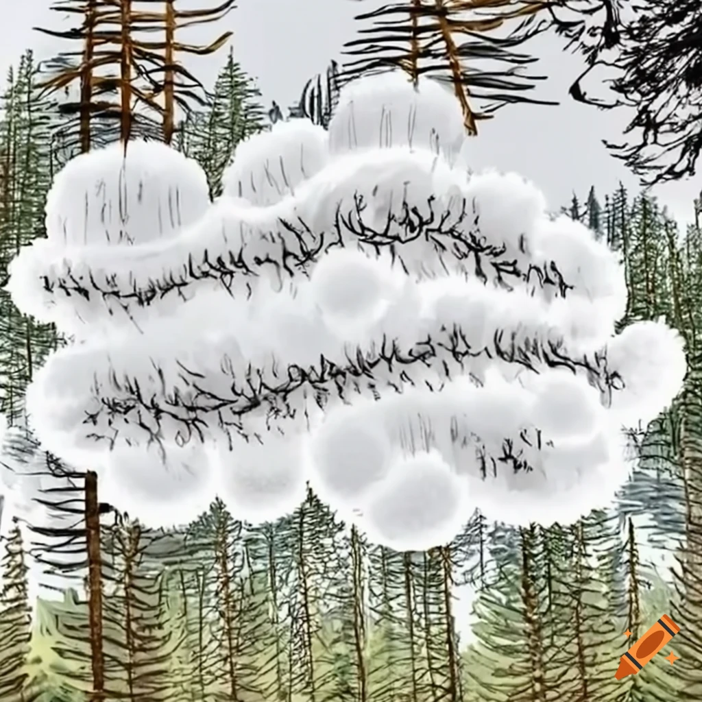 Fluffy cloud made out of pine needles over a forest