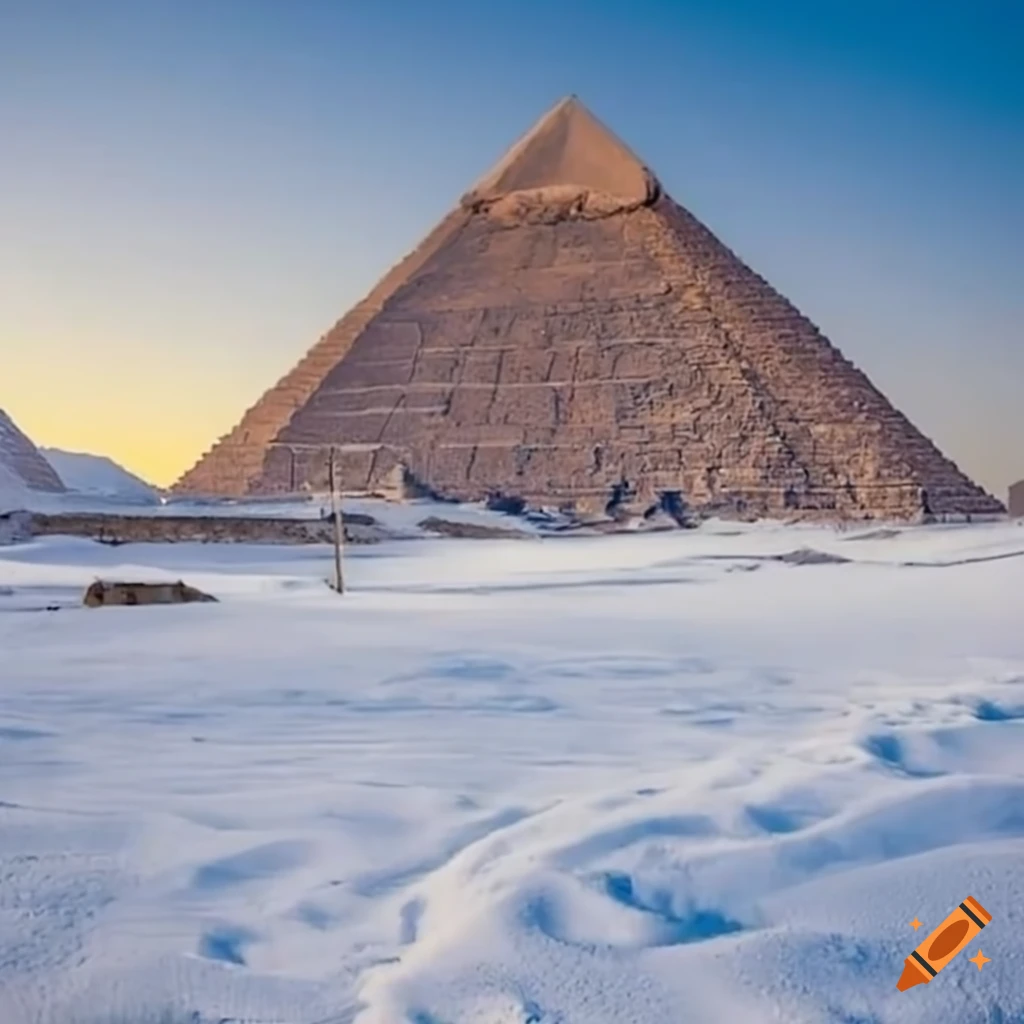 A breathtaking view of pyramids covered in snow with the Sphinx on Craiyon