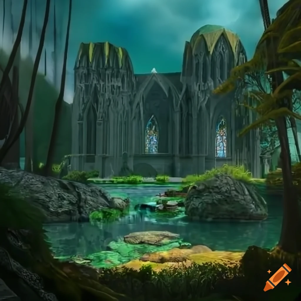 Multi-level mystic cathedral and houses, lava fields, lush tropical ...