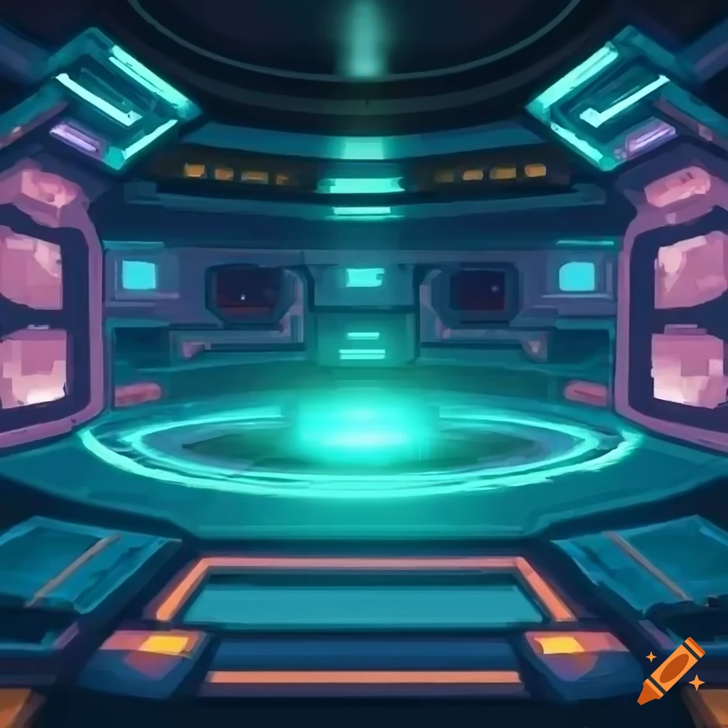 A large sci-fi interior room painterly pokemon battle background