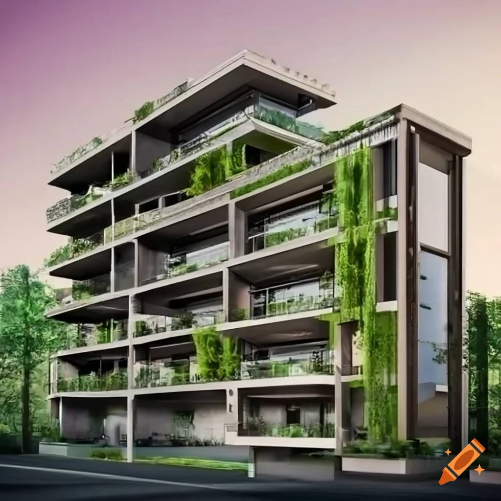 5 floor building which is eco friendly in a city near jungle realistic ...