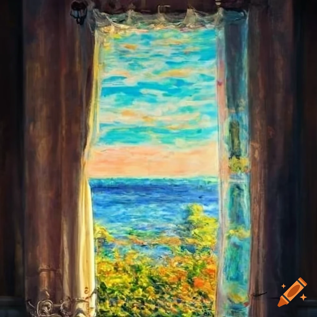 Curtains on the large window overlooking the garden in summer painted ...