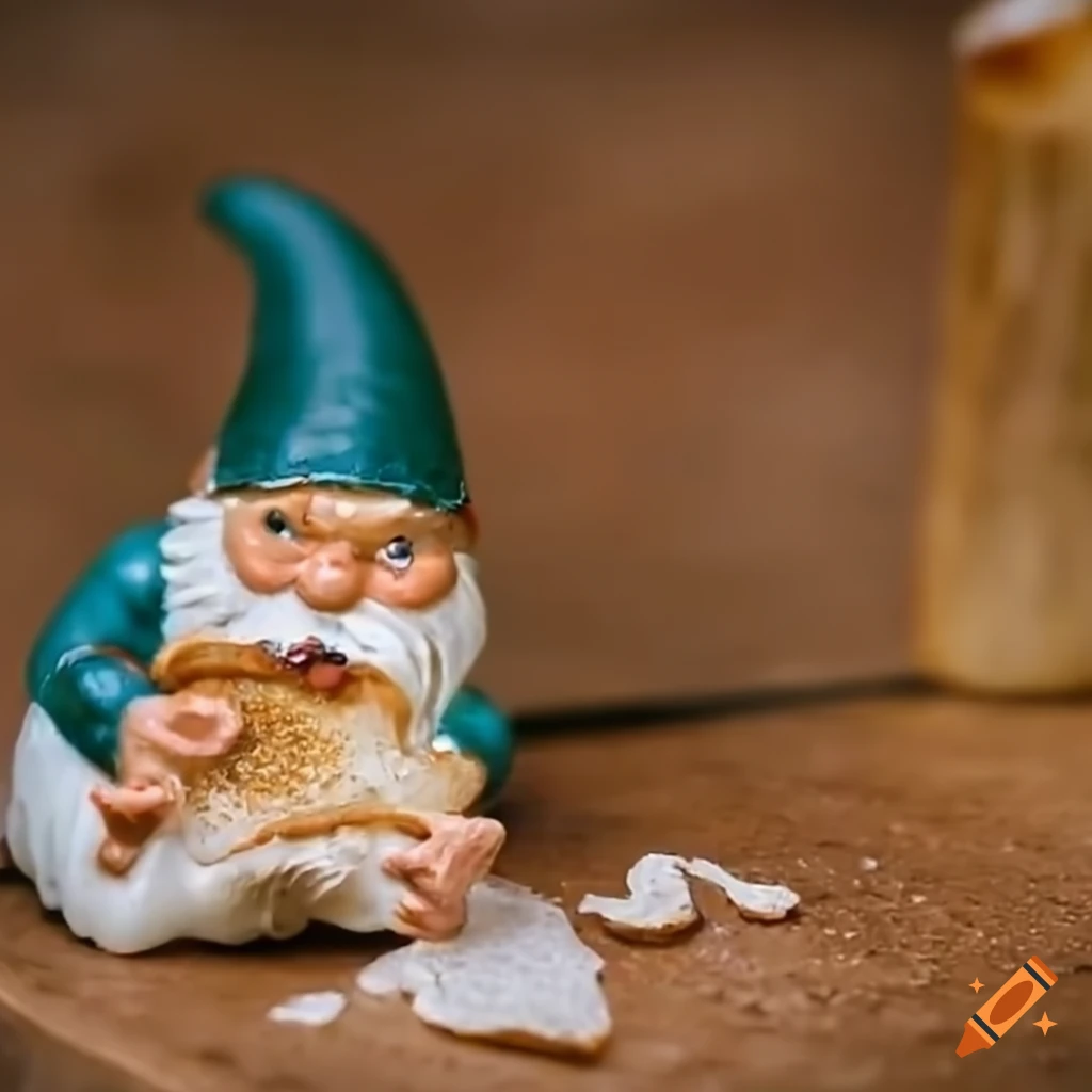 A playful gnome enjoying some toast crumbs