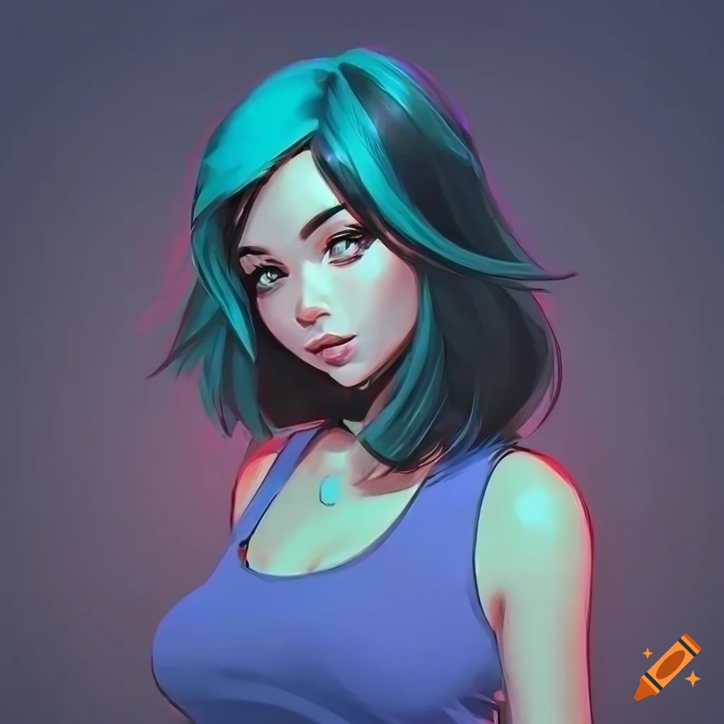 Mid body portrait of beautiful women with turquoise wavy hair wearing black t-shirt, trending on ...