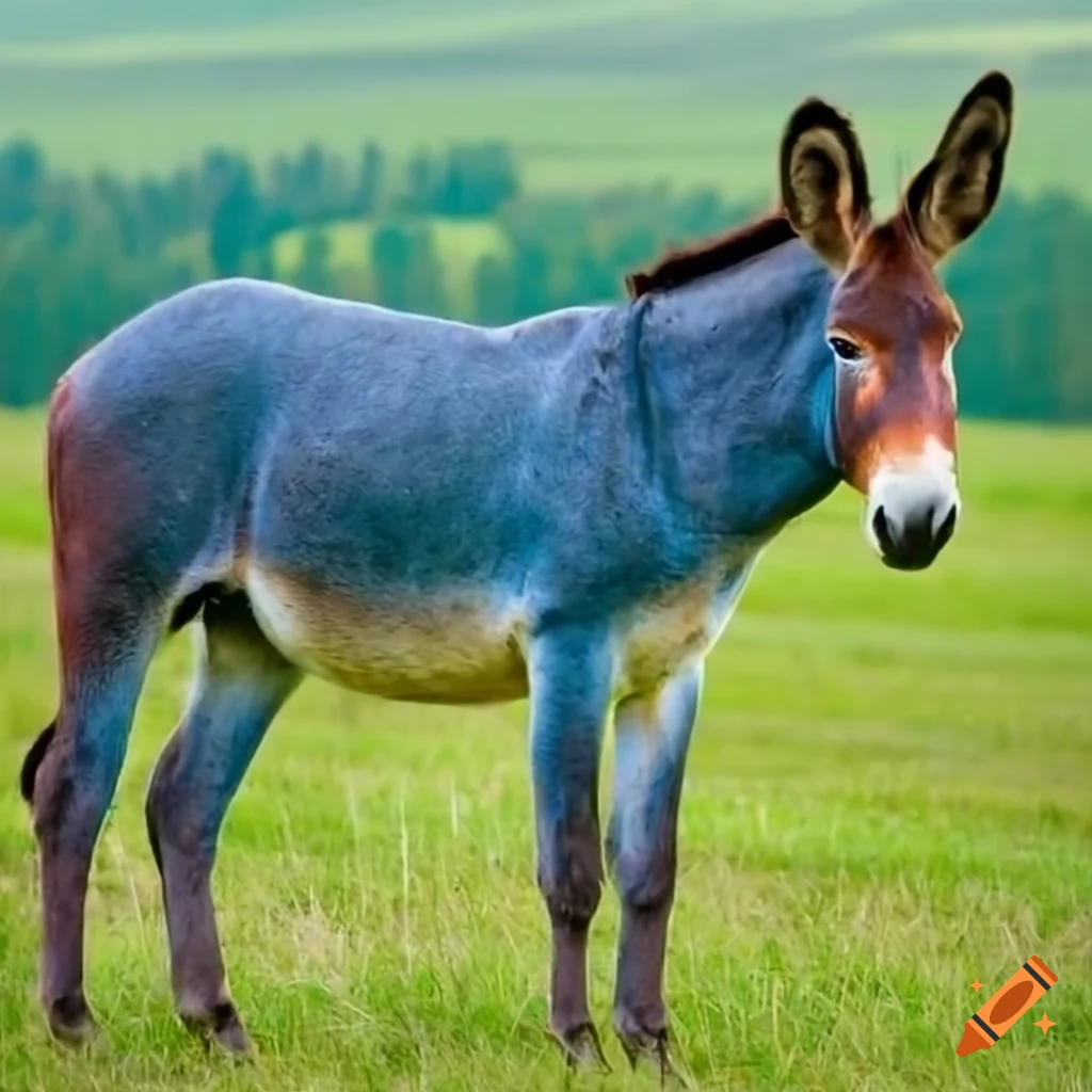 A vibrant blue mule standing in a green pasture