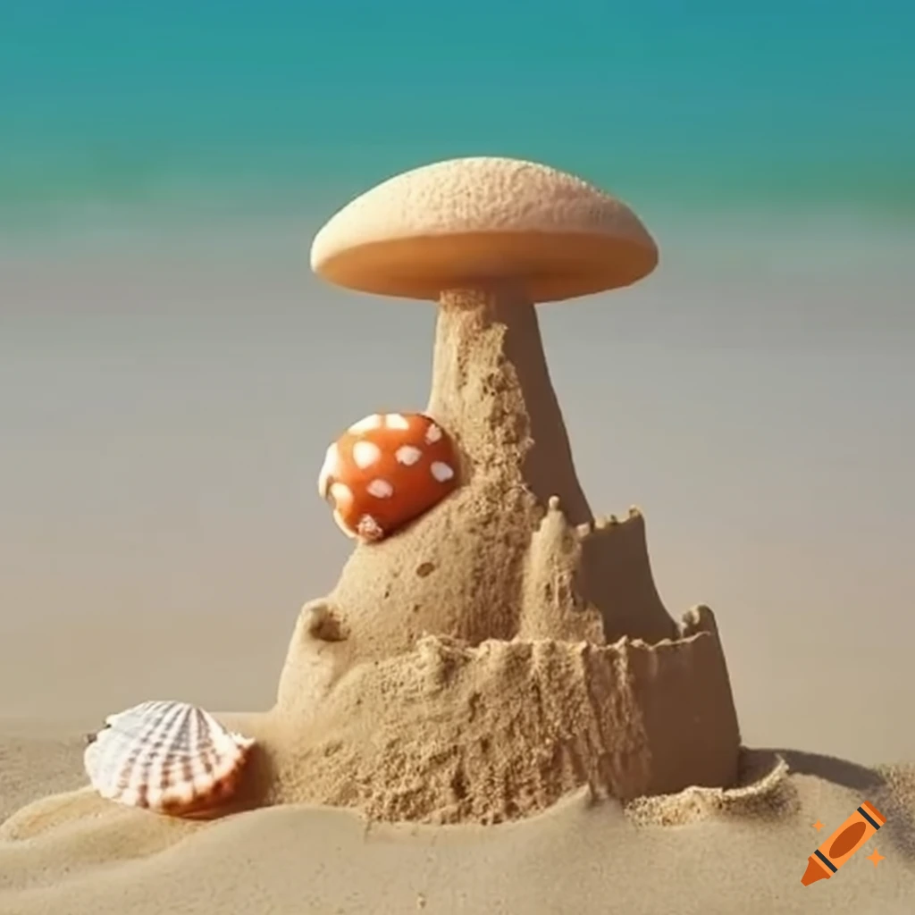 Beige sand castle in mushroom shape and shells on sand beach