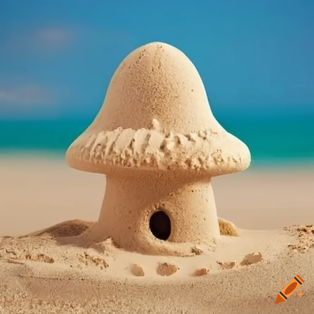 Beige sand castle in mushroom shape on sand beach