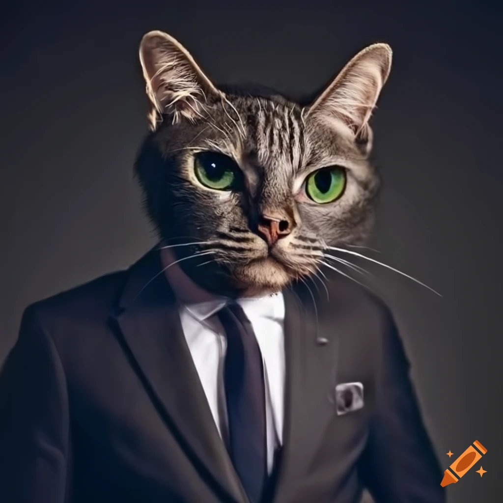 Cat head+man wearing a suit on Craiyon