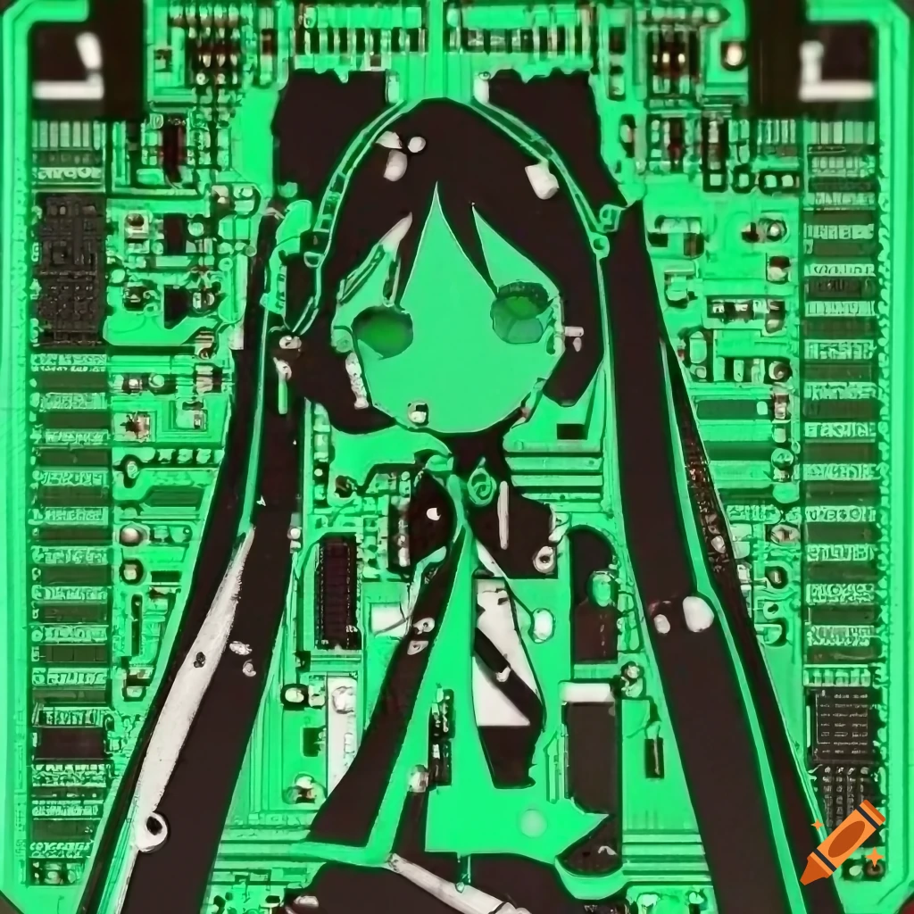 Gold trace of hatsune miku on green circuit board, regular angles ...