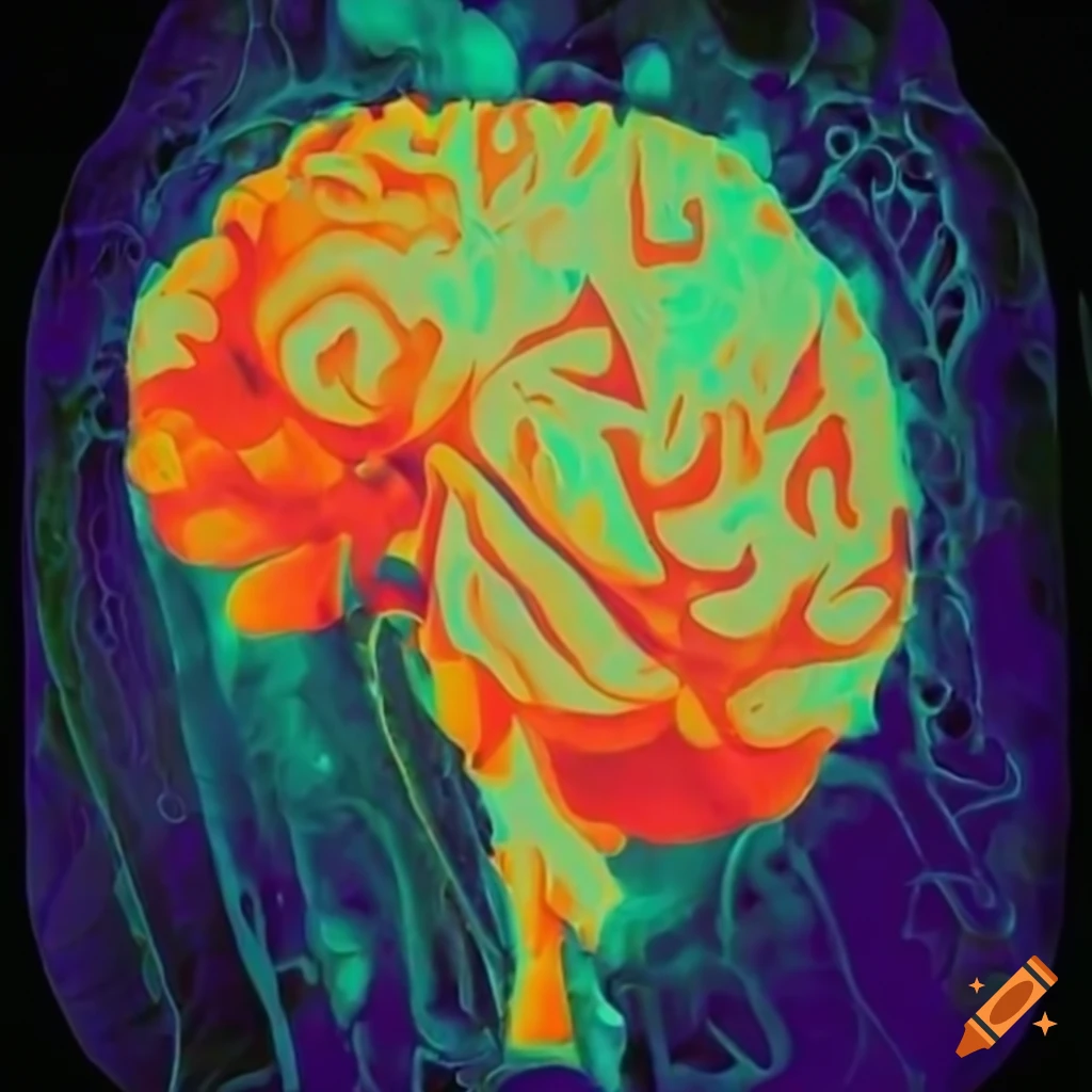 Brain with bones of fish in thermal imager colors among yellow roses