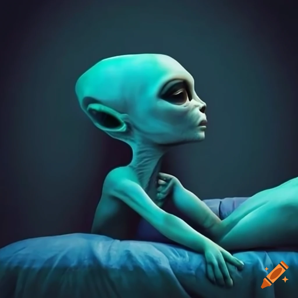 Alien sleeping in a bed
