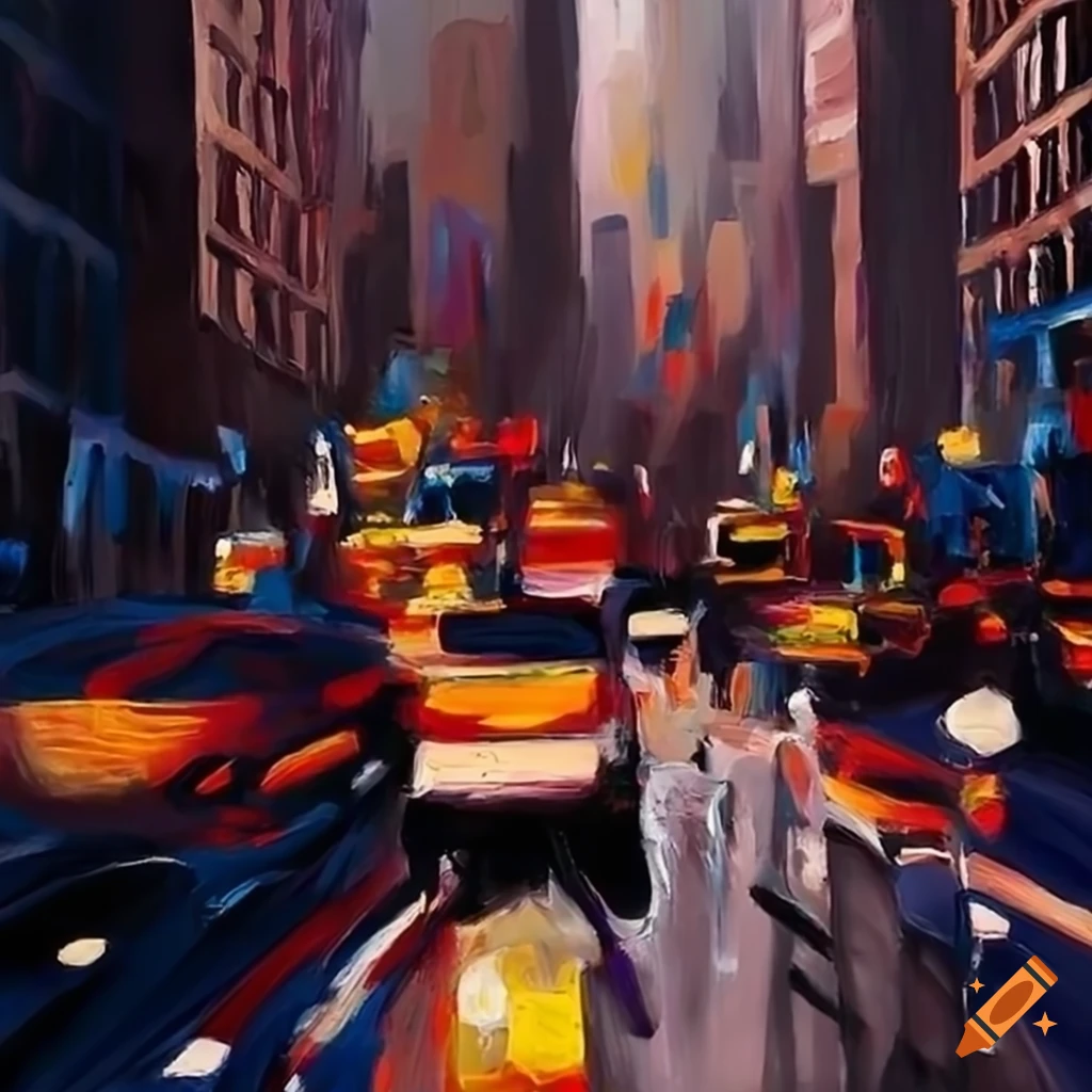 Creat a abstract painting inspired by rush hour traffic in new york