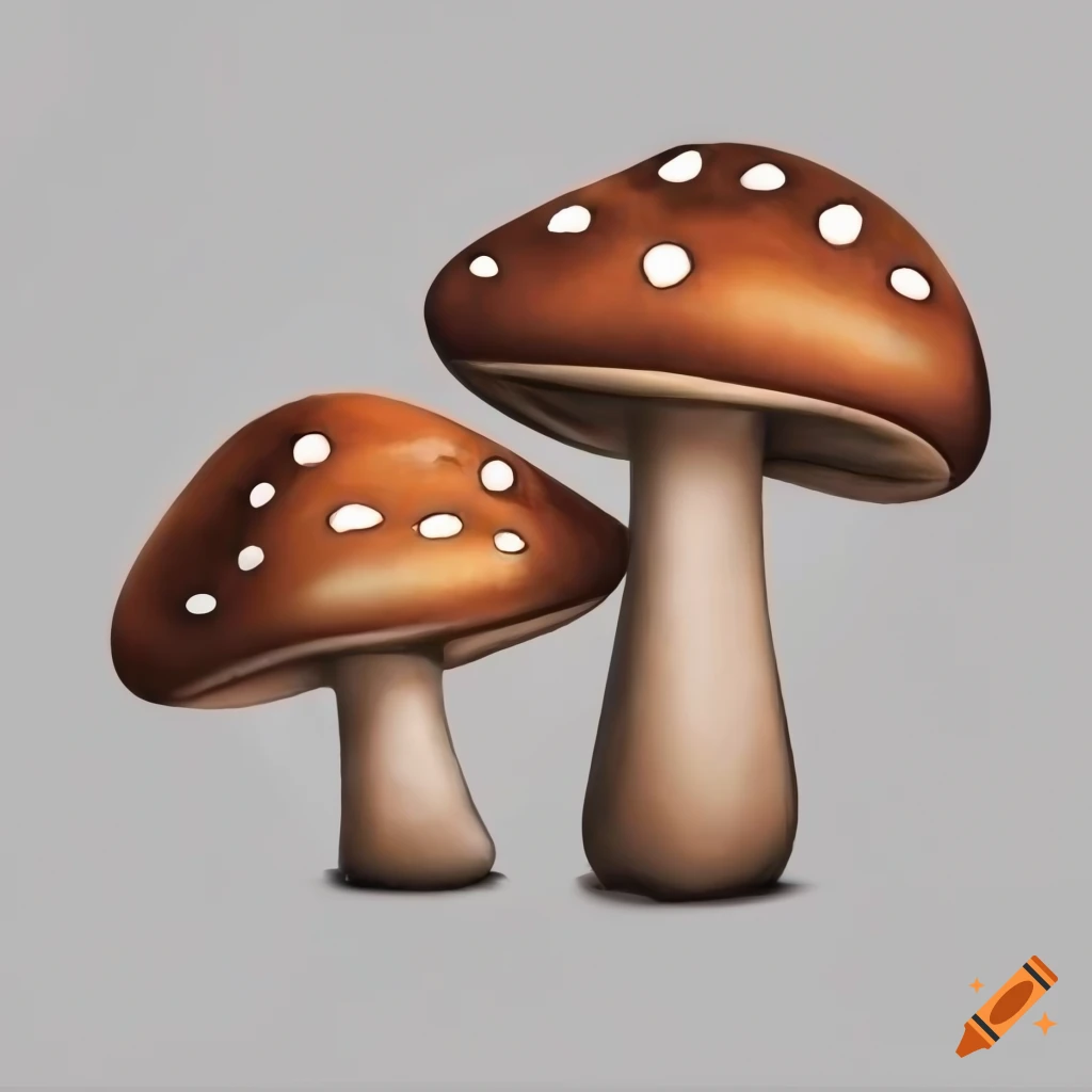 Realistic drawing of two plain brown toadstools on a white background ...