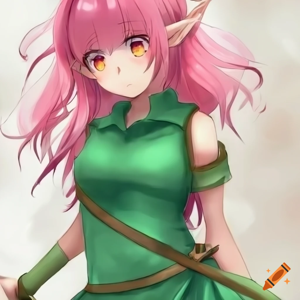 Busy anime elf girl with pink hair, wearing a green dress and hat