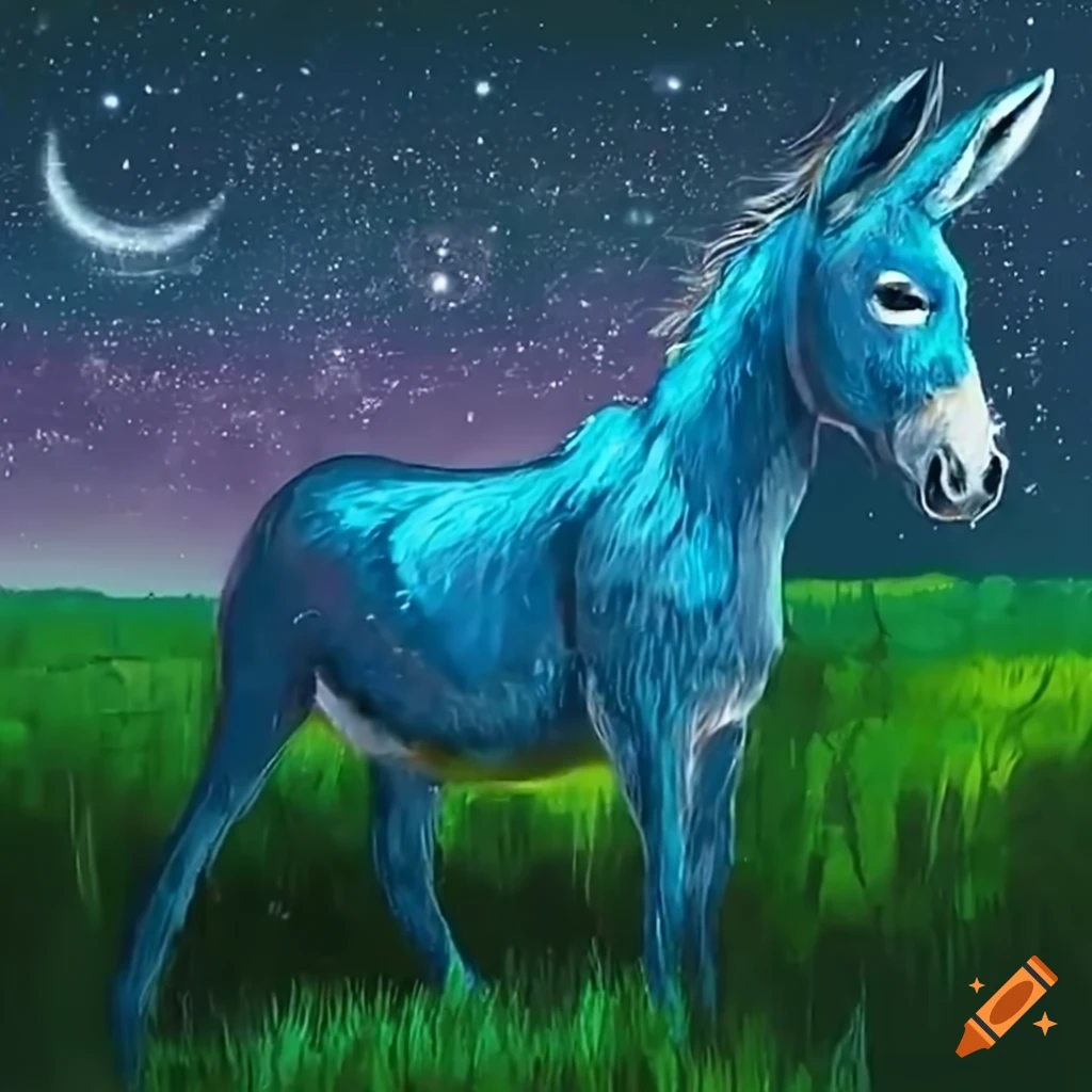 A blue mule in a green field under a starry night sky