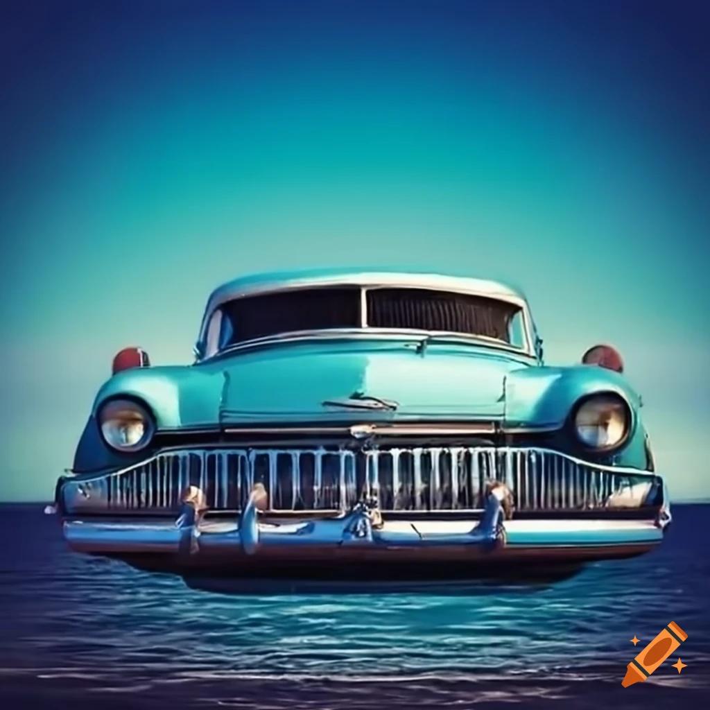 Retro classic-car hovering over sea on Craiyon