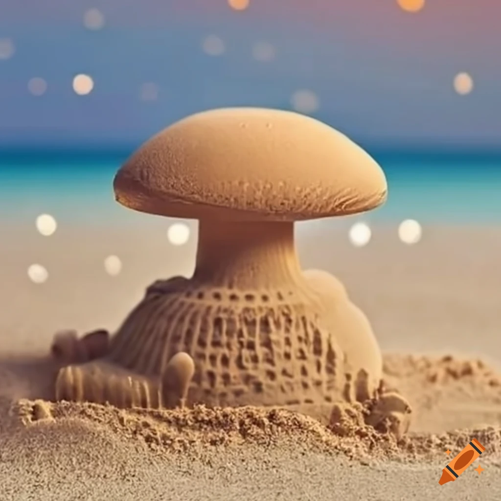 Beige sand castle in mushroom shape on sand beach on Craiyon