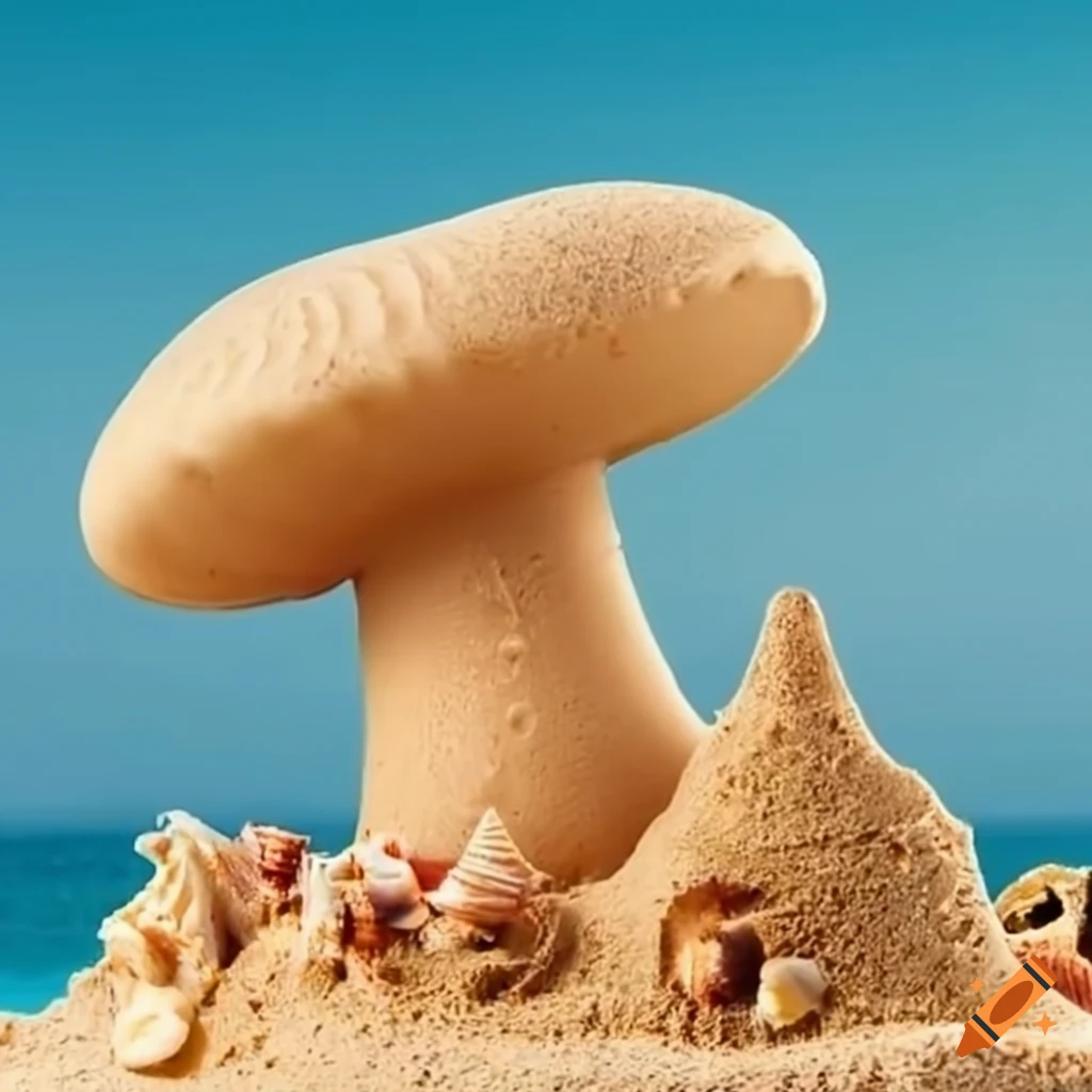 Beige sand castle in mushroom shape and shells on sand beach