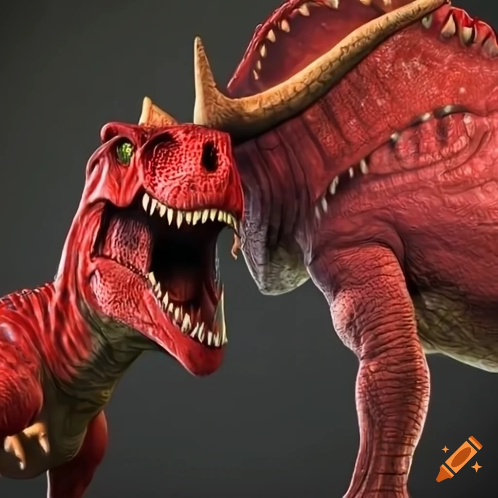 A red tyrannosaurus fighting another red triceratops on Craiyon