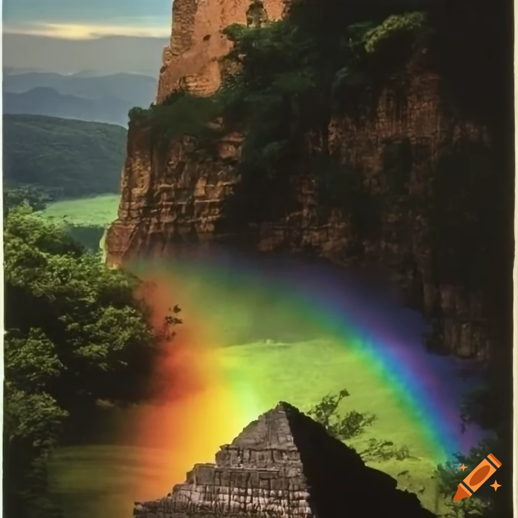 Theater piece showing a black pyramid surrounded by vegetation, water ...