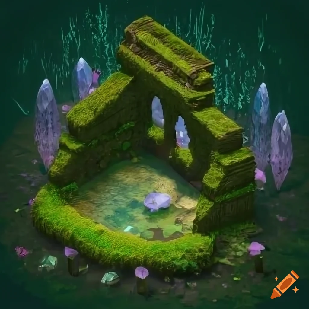 A moss-covered stone ruins in a fantasy RPG game forest fantasy grass ...