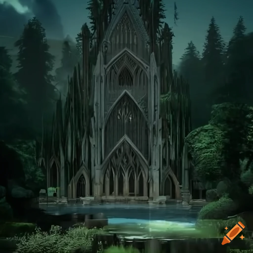 Multi-level mystic cathedral and houses, lava fields, lush tropical ...