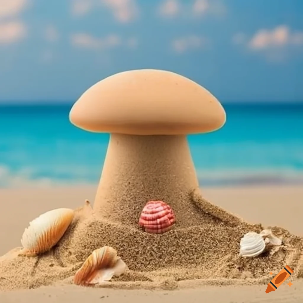 Beige sand castle in mushroom shape and shells on sand beach on Craiyon