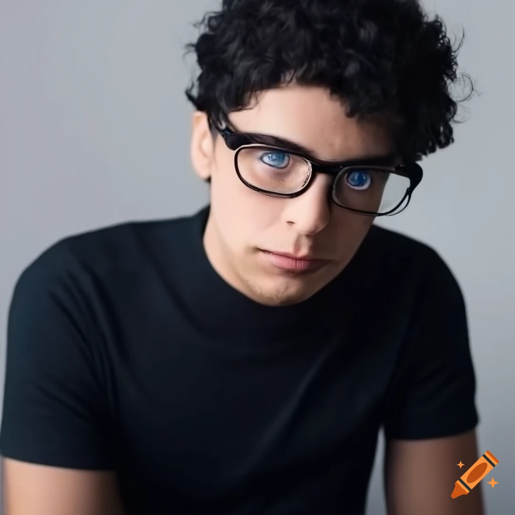 Male programmer with black wavy hair and blue eyes and glasses