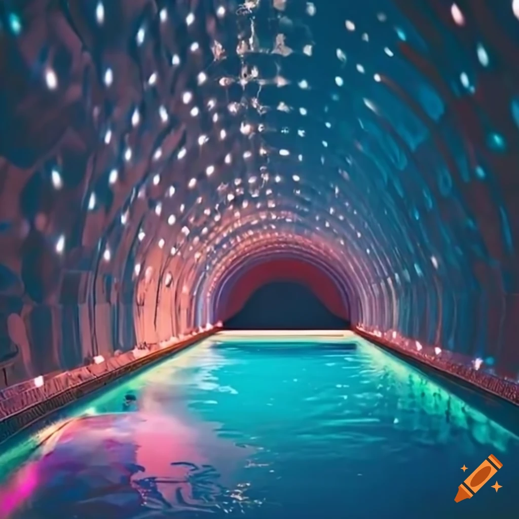 A swimming pool in a tunnel with bright lights on Craiyon