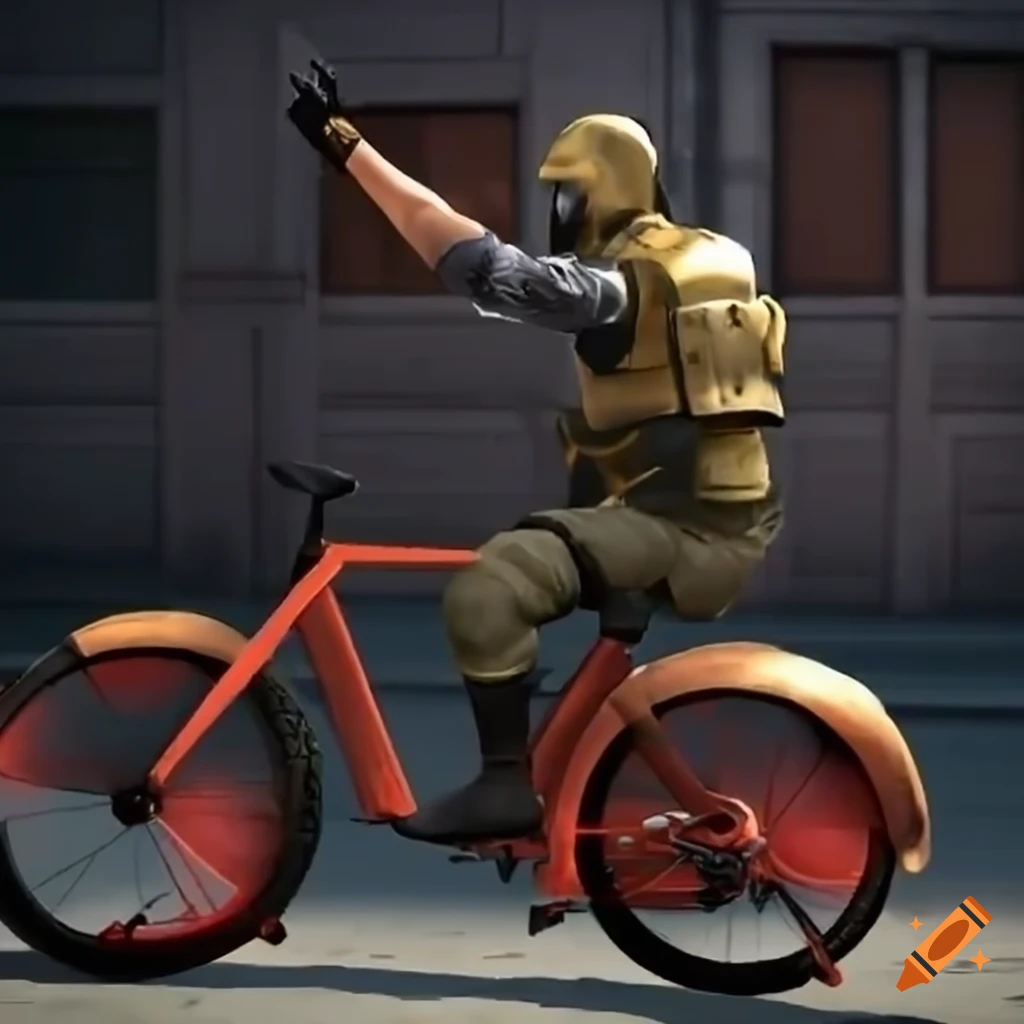 Person like in csgo wearing armor riding a bike in the city on Craiyon