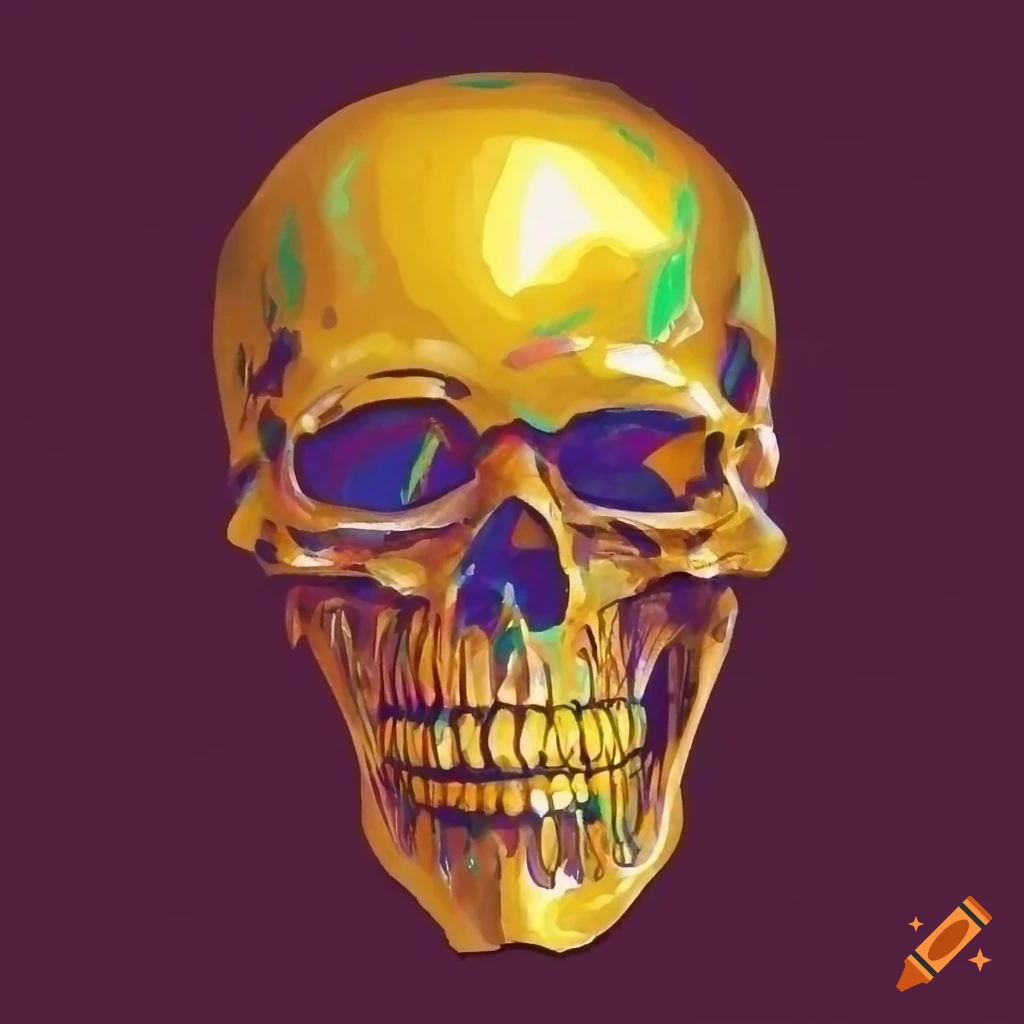 Skeleton golden skull, outline, on paper
