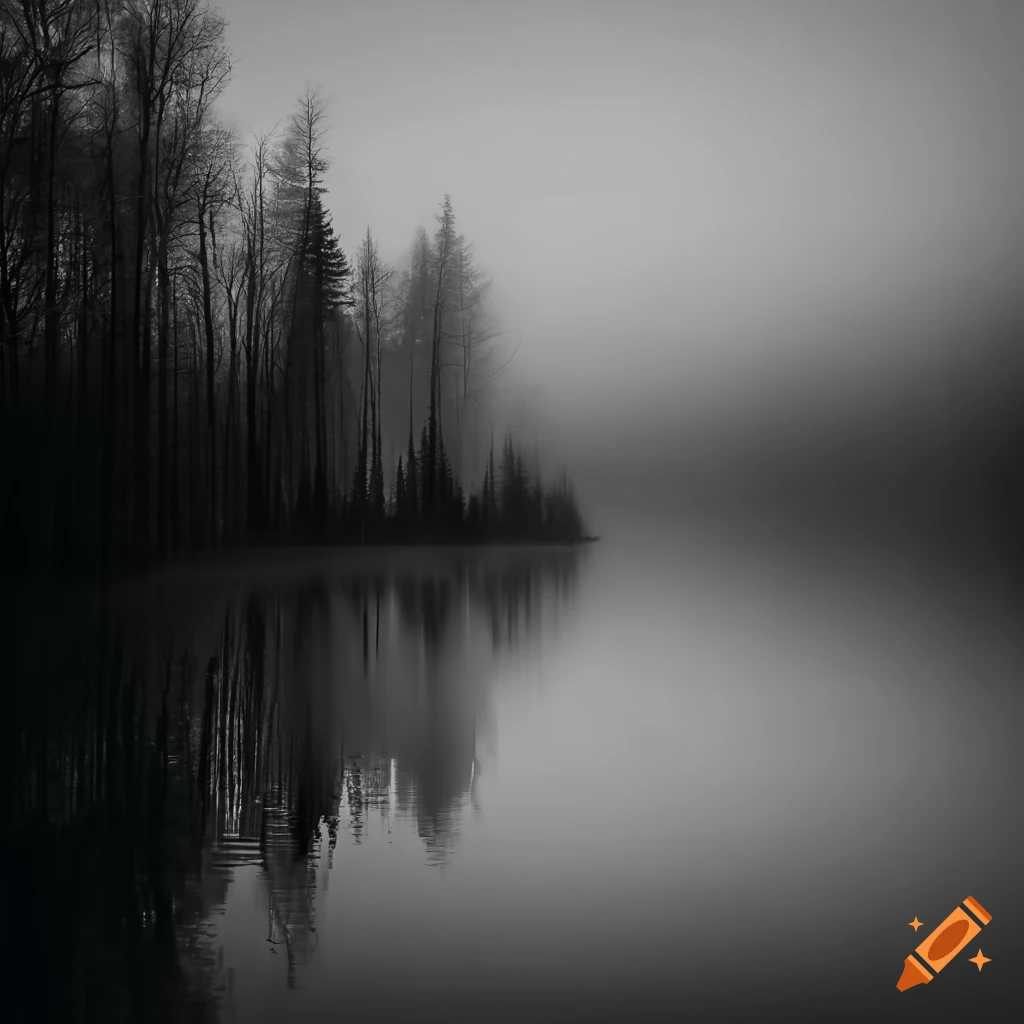 Black and white image of dark moody trees and and a lake with fog