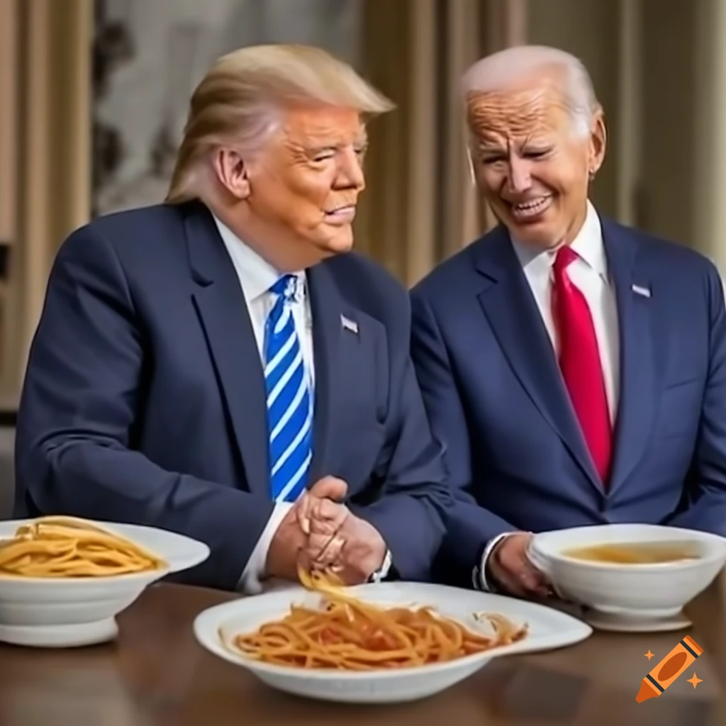 Trump and biden sharing a bowl of spaghetti on Craiyon