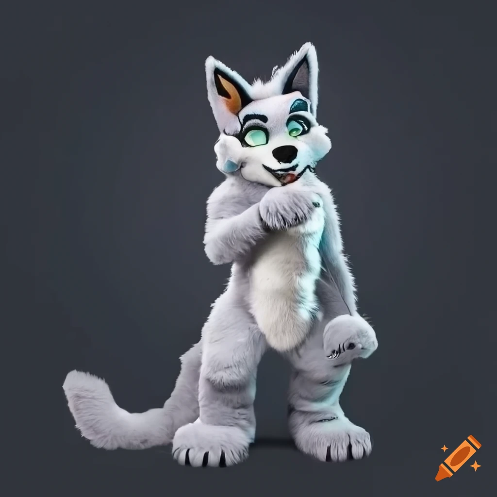 Light grey fursuit, full body, looking away