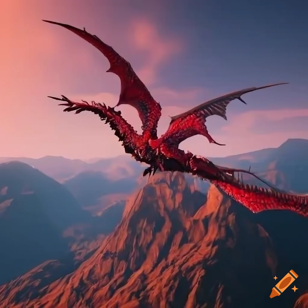 Red emperor dragon Ddraig flying over the mountains of japan, hyper ...