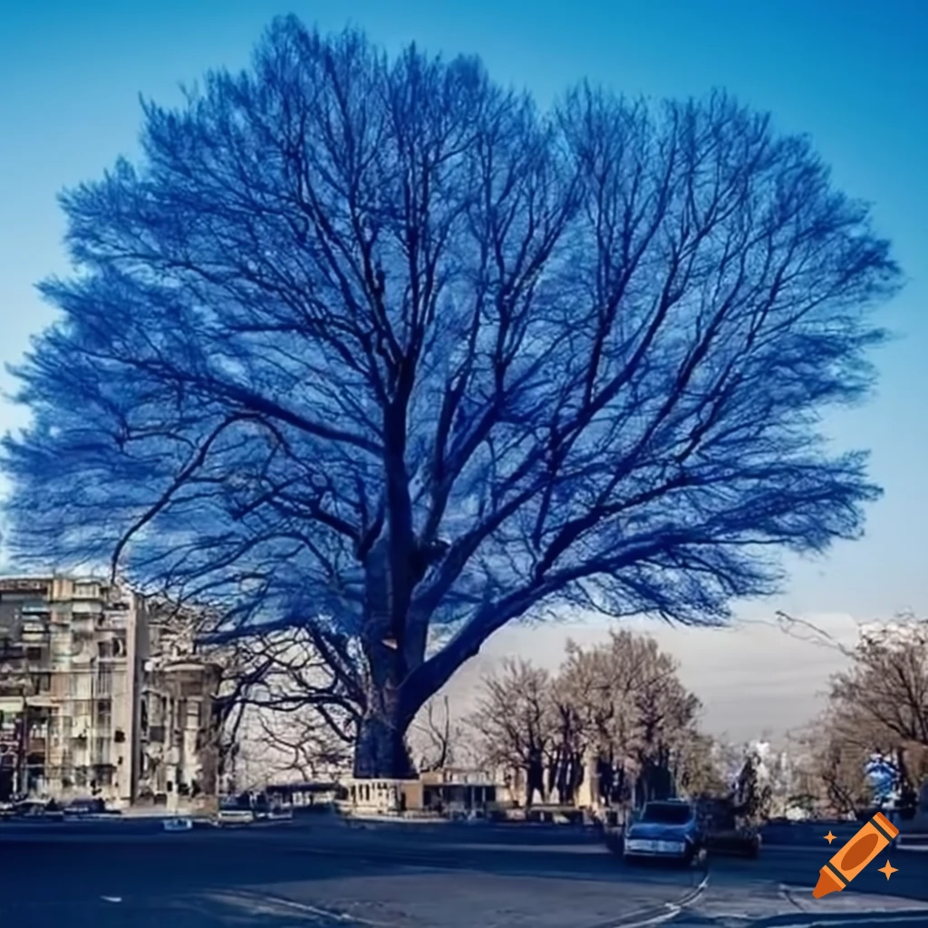 A blue big tree in large landscape in tehran city on Craiyon